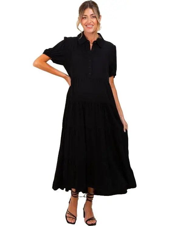 PINKBLUSH Collared Button Down Tiered Midi Dress - Black