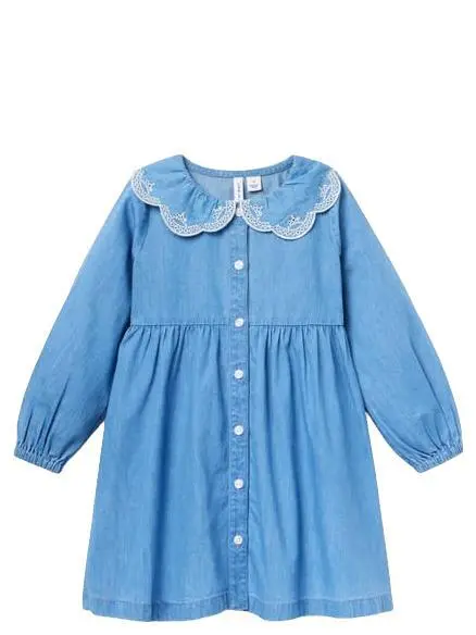 Janie And Jack Chambray Embroidered Collar Dress - Blue