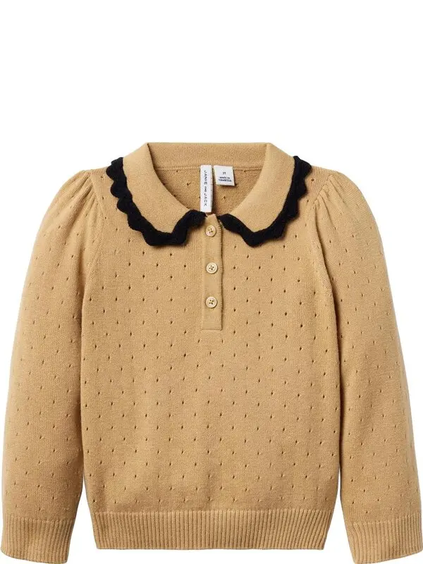Janie And Jack Pointelle Crochet Collar Sweater - Beige