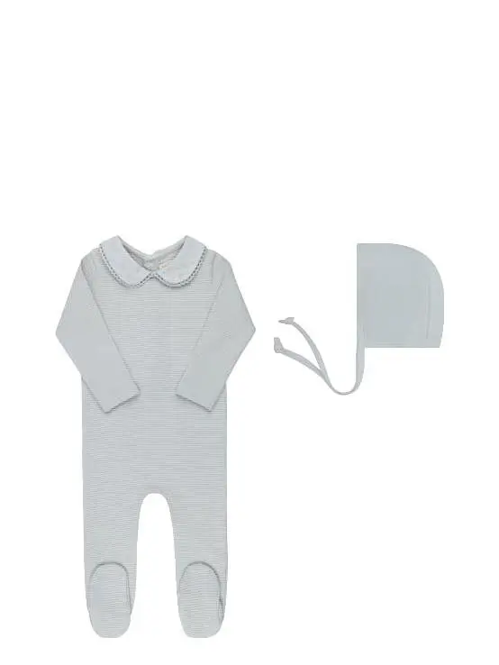 ELY'S & CO. Ribbed Footie And Bonnet Set With Embroidered Collar - Blue