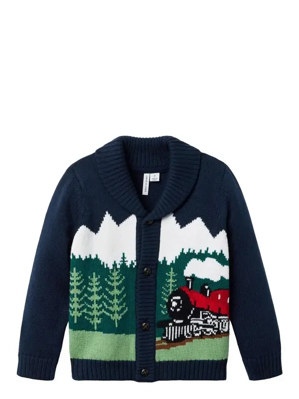 Janie And Jack Intarsia-knit Train Cardigan - Blue