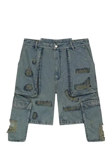 SAINT PERRY Jazzy Ripped Denim Cargo Shorts - Blue
