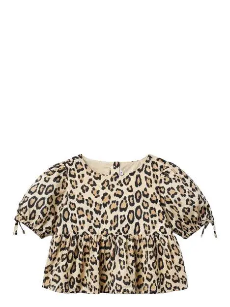 Janie And Jack Leopard Puff Sleeve Peplum Top - Beige