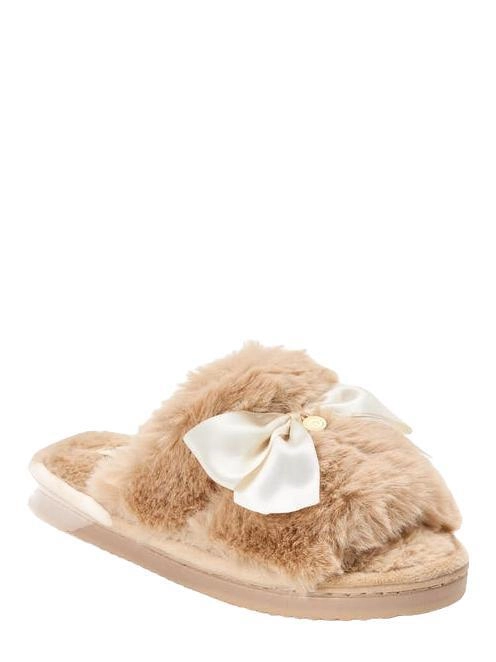 DEARFOAMS Bianca Pile Slide Slipper With Bow - Latte