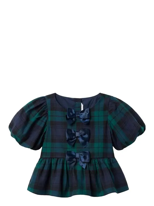 Janie And Jack Tartan Peplum Bow Top - Blue