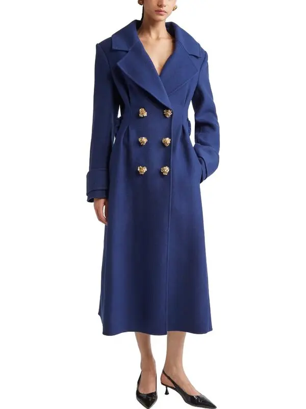 Carolina Herrera Flower Button Wool Pea Coat - Dark Navy