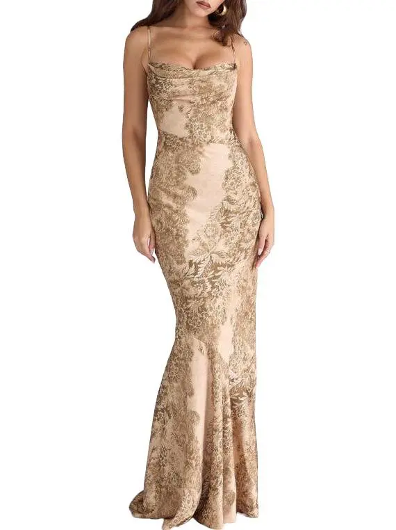 House Of Cb Nalani Floral Satin Burnout Gown - Gold