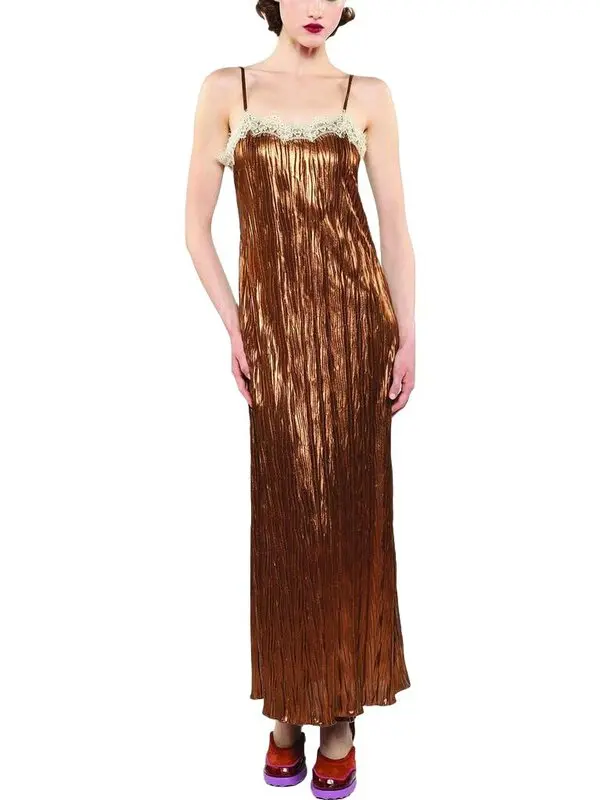Anna Sui Fortuny Pleats Lace Slip Maxi Dress - Bronze
