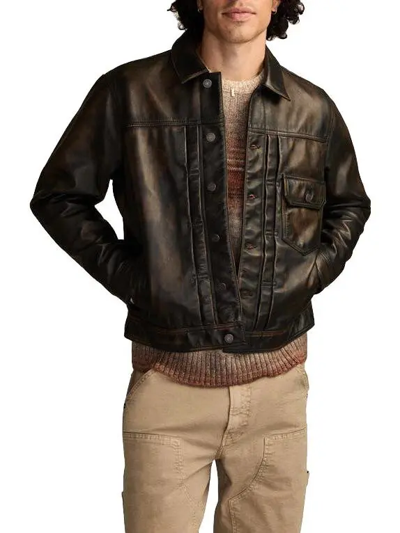 Lucky Brand Distressed Leather Trucker Jacket - Washed Black