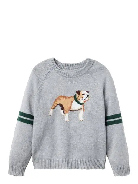 Janie And Jack Intarsia-knit Bulldog Striped Sleeve Sweater - Grey
