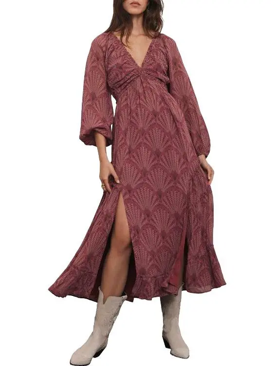Mint Velvet Floral Print Blouson Sleeve Midi Dress - Burgundy