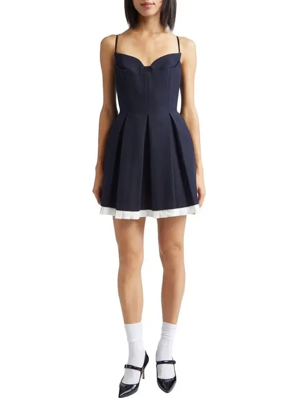 SHUSHU/TONG Pleated Wool Grain De Poudre Minidress - Navy Blue