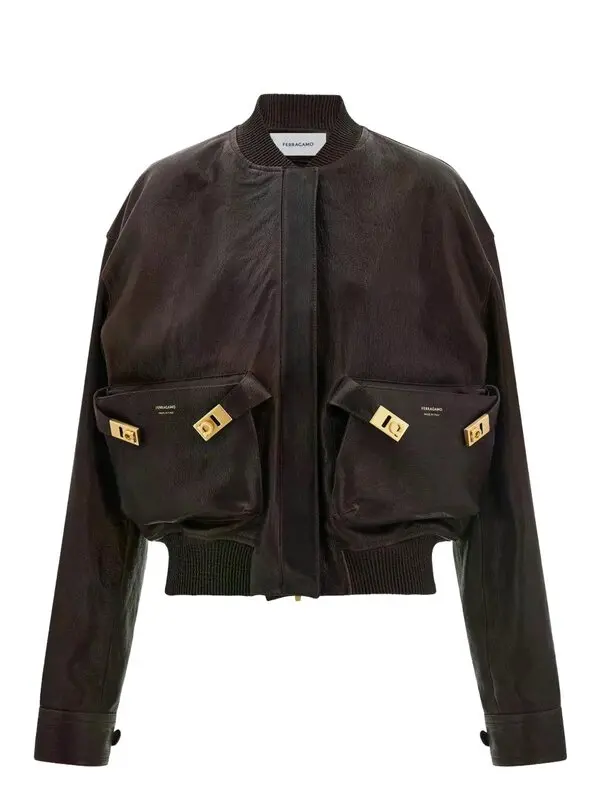 FERRAGAMO Ribbed Trim Patch-pocket Leather Bomber Jacket - Brown