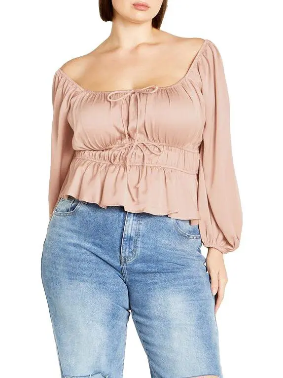 City Chic Georgie Shirred Satin Top - Champagne Gold