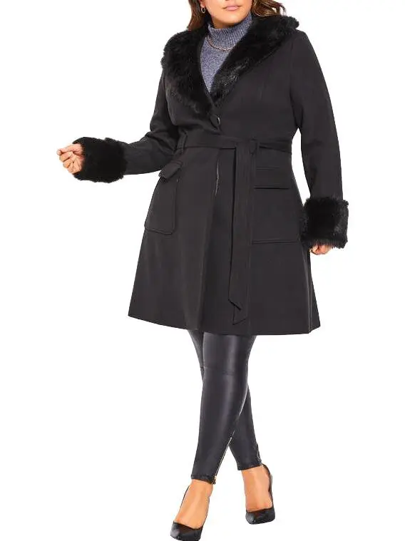 City Chic Twill Coat With Faux Fur Collar - Black