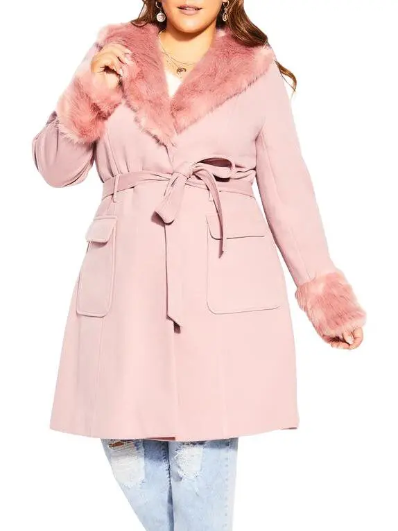 City Chic Twill Coat With Faux Fur Collar - Pink