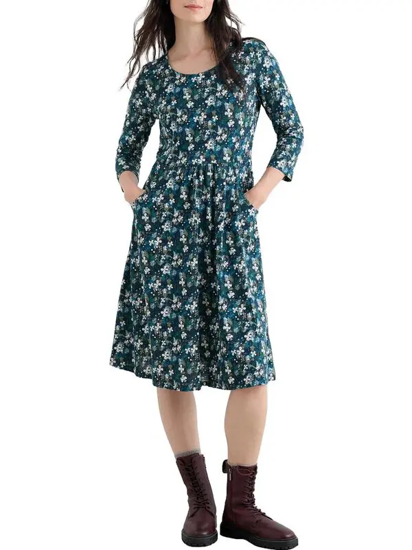 SEASALT CORNWALL Enor Print Organic Cotton Fit & Flare Dress - Moorland Floral Maritime