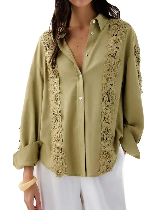 SCALPERS Lace Detail Linen-blend Shirt - Khaki