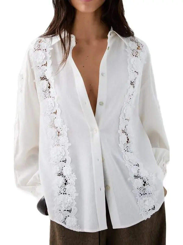 SCALPERS Lace Detail Linen-blend Shirt - White