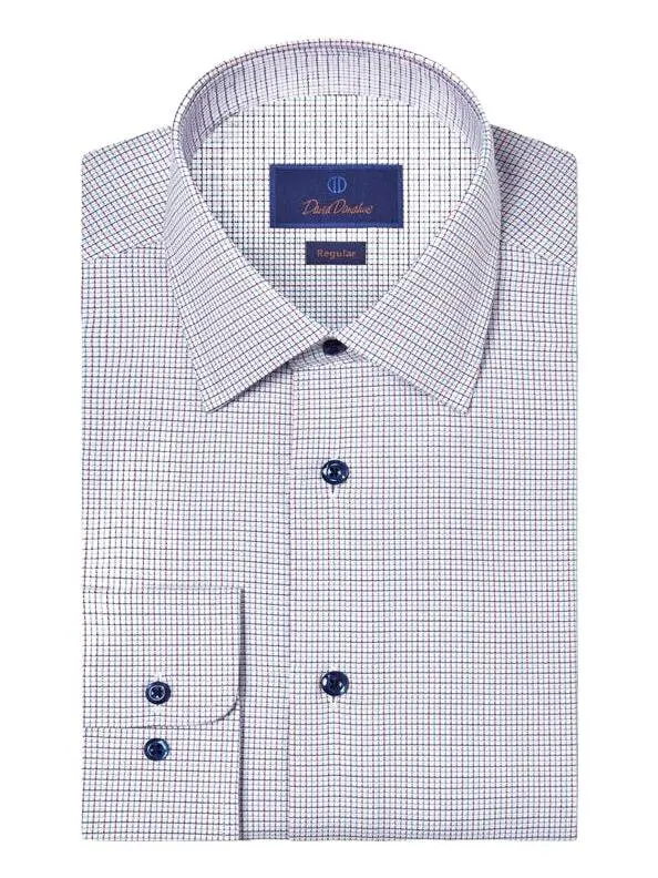 David Donahue Regular Fit Microcheck Cotton Dobby Dress Shirt - Blue/berry