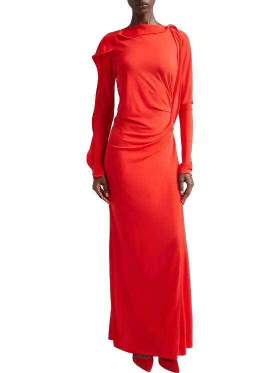 Victoria Beckham Long Sleeve Draped Jersey Gown - Cayenne
