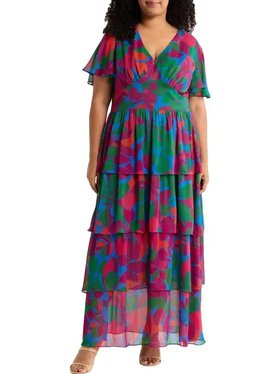 SUGARLIPS Floral Tiered Maxi Dress - Magenta-blue-green