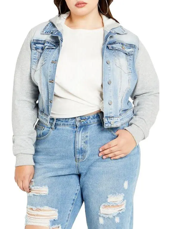 City Chic Denim & Fleece Hooded Crop Jacket - Light Wash