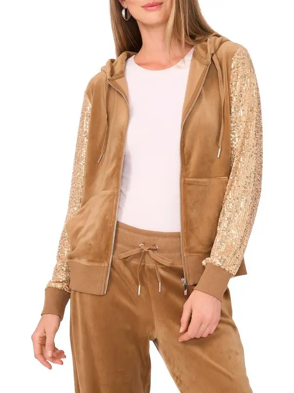 Vince Camuto Sequin Sleeve Zip Hoodie - Camel