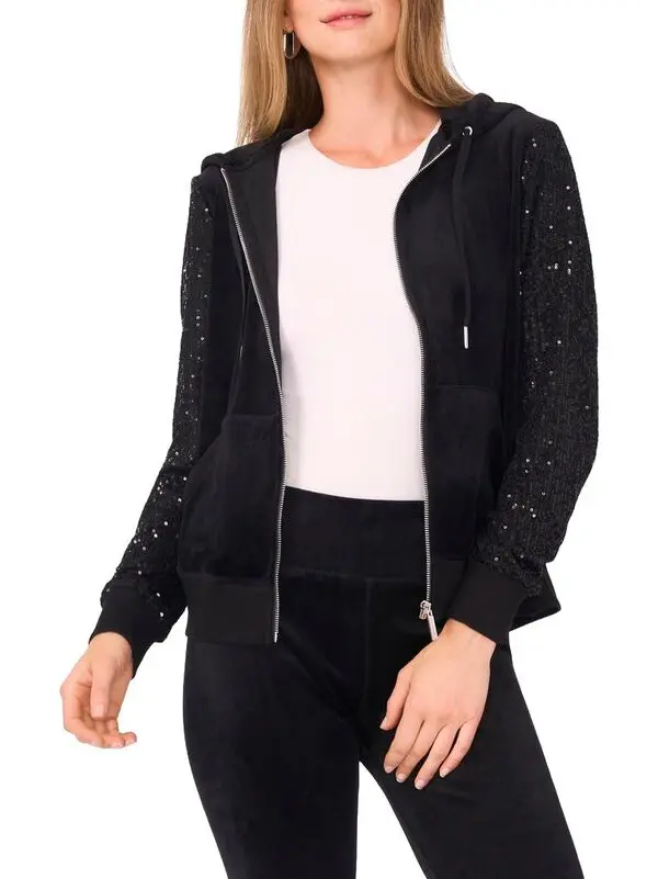 Vince Camuto Sequin Sleeve Zip Hoodie - Rich Black