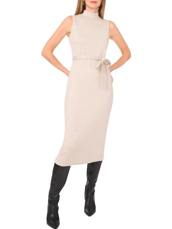 Vince Camuto Tie Waist Mock Neck Sweater Midi Dress - Dusty Oatmeal Heather