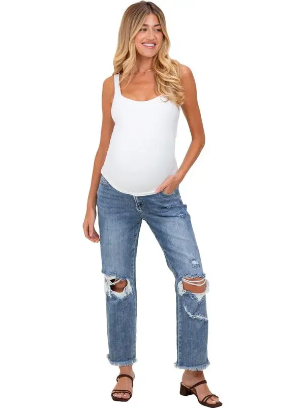 PINKBLUSH Ripped Knee Fringe Hem Straight Leg Maternity Ankle Jeans - Blue