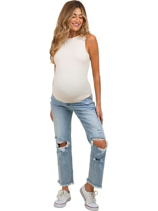 PINKBLUSH Ripped Knee Fringe Hem Straight Leg Maternity Ankle Jeans - Light Blue