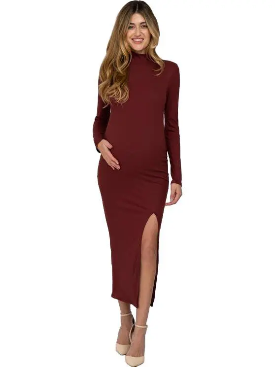 PINKBLUSH Ribbed Mock Neck Side Slit Maxi Dress - Burgundy
