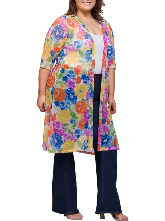 24SEVEN COMFORT APPAREL Floral Print Sheer Open Front Long Jacket - White Multi