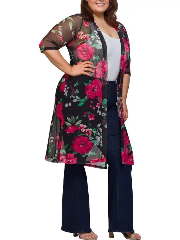 24SEVEN COMFORT APPAREL Floral Print Sheer Open Front Jacket - Black Multi
