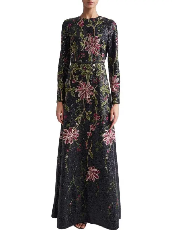 Giambattista Valli Floral Screen Sequin A-line Dress - Black Multi