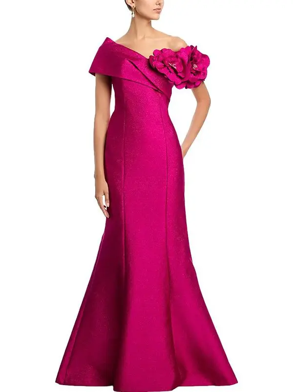 Rickie Freeman For Teri Jon Pebble Jacquard 3d Flower Gown - Berry