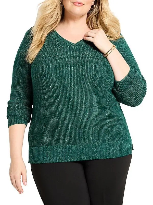 NIC+ZOE Shimmer Waffle V-neck Sweater - Pine