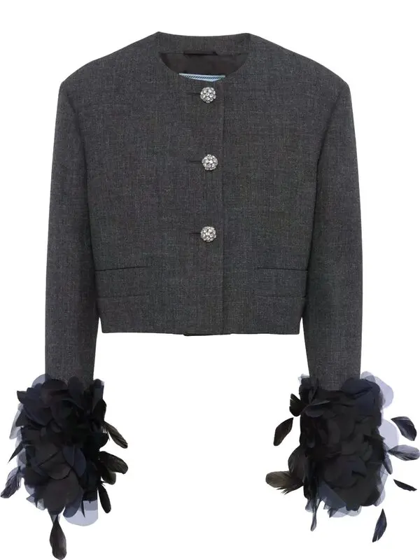 Prada Feather-trimmed Wool Cropped Jacket - Grey
