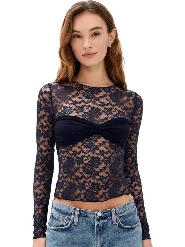 Lioness Floral Lace Long Sleeve Top - Jet Black