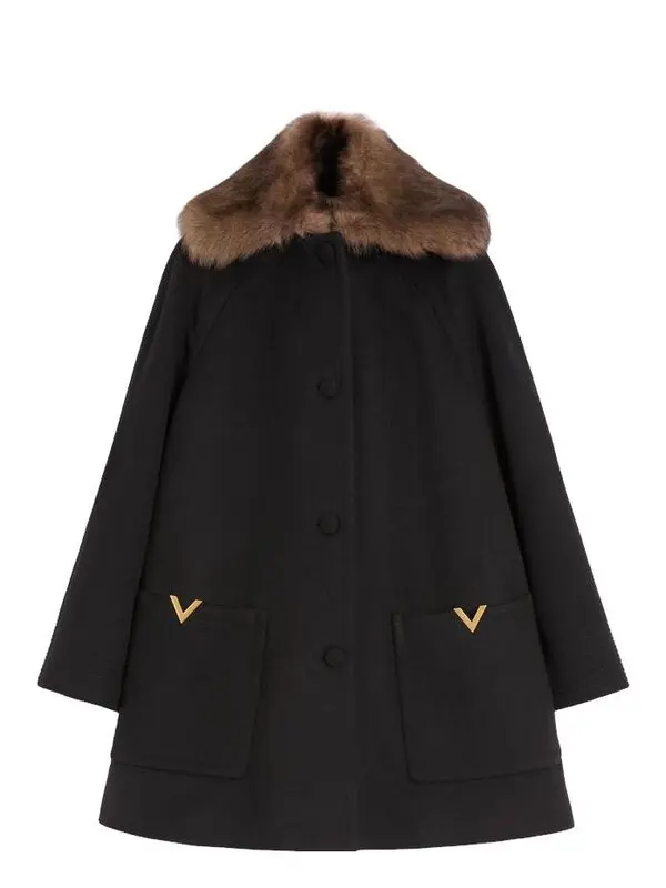 Valentino Garavani Wool Drap Coat With Shearling Collar And V Gold Detailing - Black