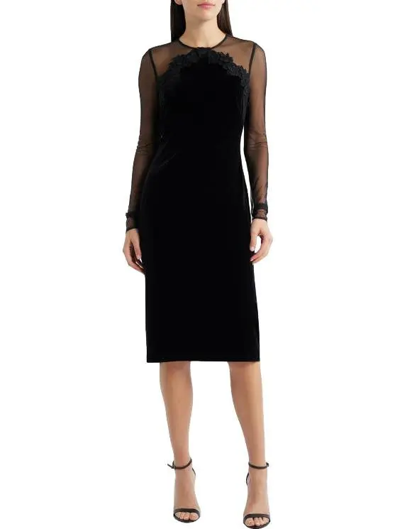 Vince Camuto Floral Appliqué Long Sleeve Velvet Dress - Black