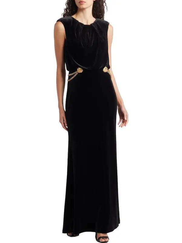 Vince Camuto Chain Detail Draped Velvet Gown - Black