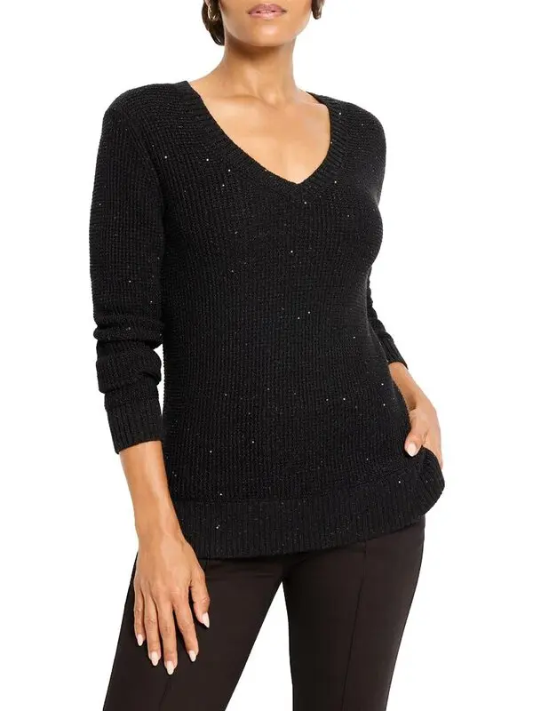 NIC+ZOE Shimmer V-neck Waffle Stitch Sweater - Black Onyx