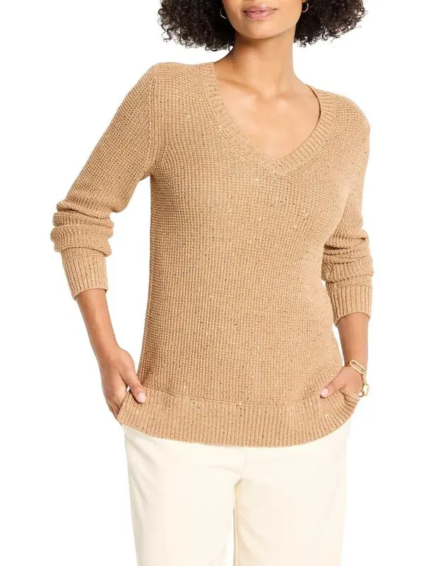 NIC+ZOE Shimmer V-neck Waffle Stitch Sweater - Copper Cream