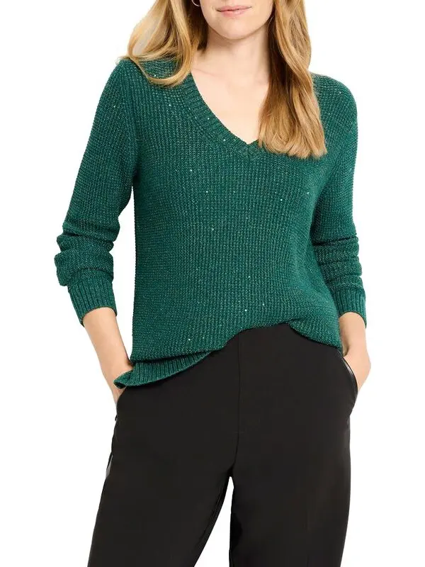 NIC+ZOE Shimmer V-neck Waffle Stitch Sweater - Pine