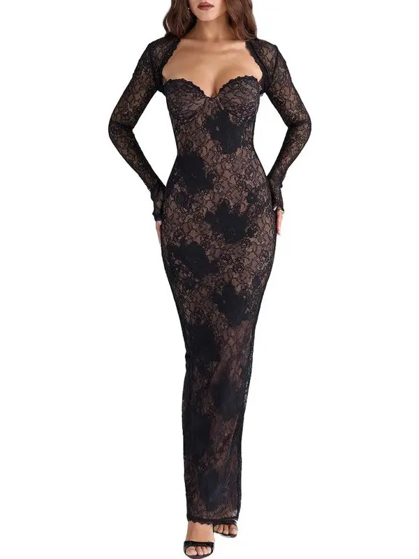 House Of Cb Lucienne Strapless Lace Gown With Bolero - Black