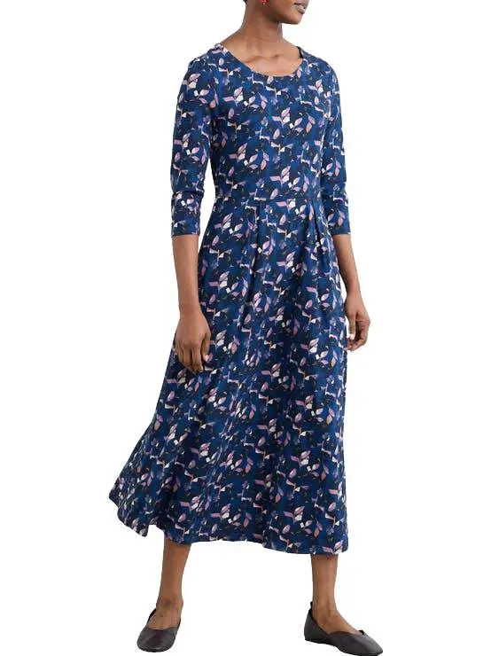 SEASALT CORNWALL Veronica Print Stretch Organic Cotton Jersey Midi Dress - Macro Flower Marine