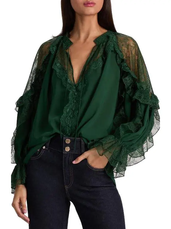 Alice + Olivia Aleena Lace Detail Button-up Shirt - Green Mystique