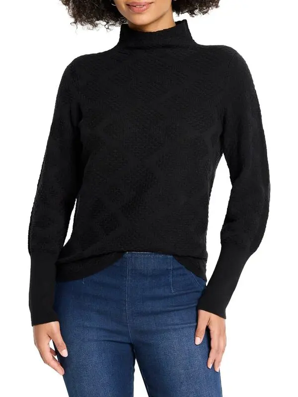 NIC+ZOE Diamond Stitch Funnel Neck Pullover Sweater - Black Onyx